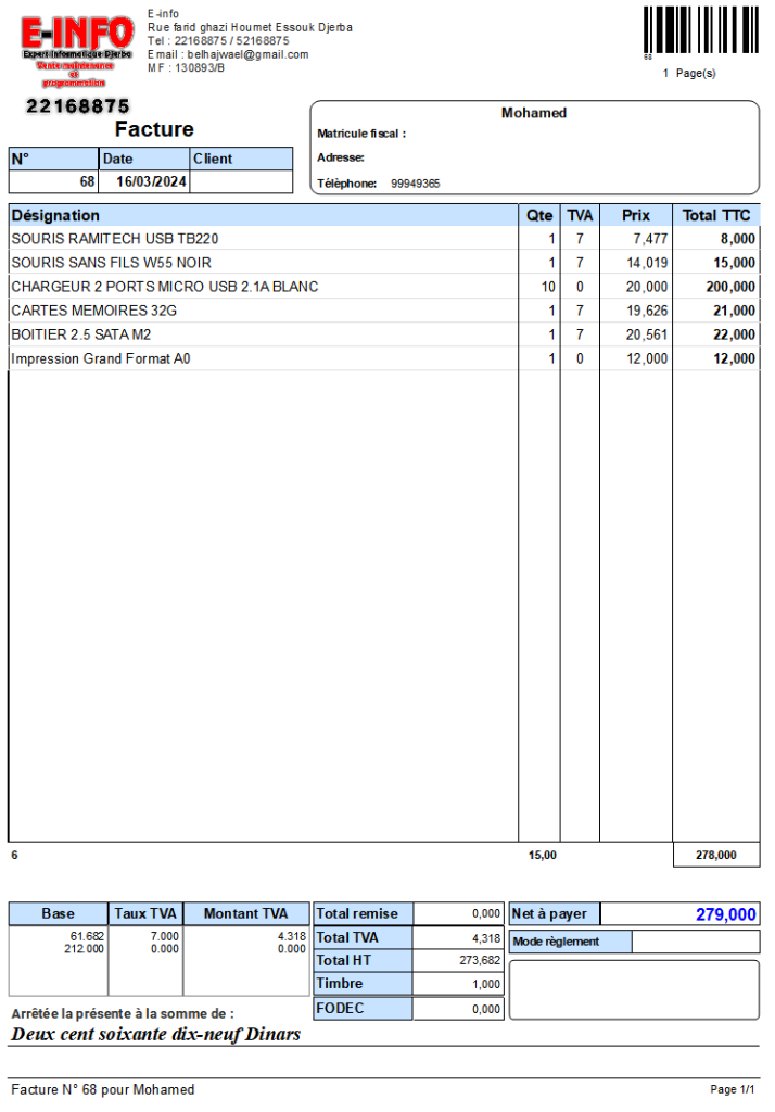 Model facture tunisie TTC - Expert informatique